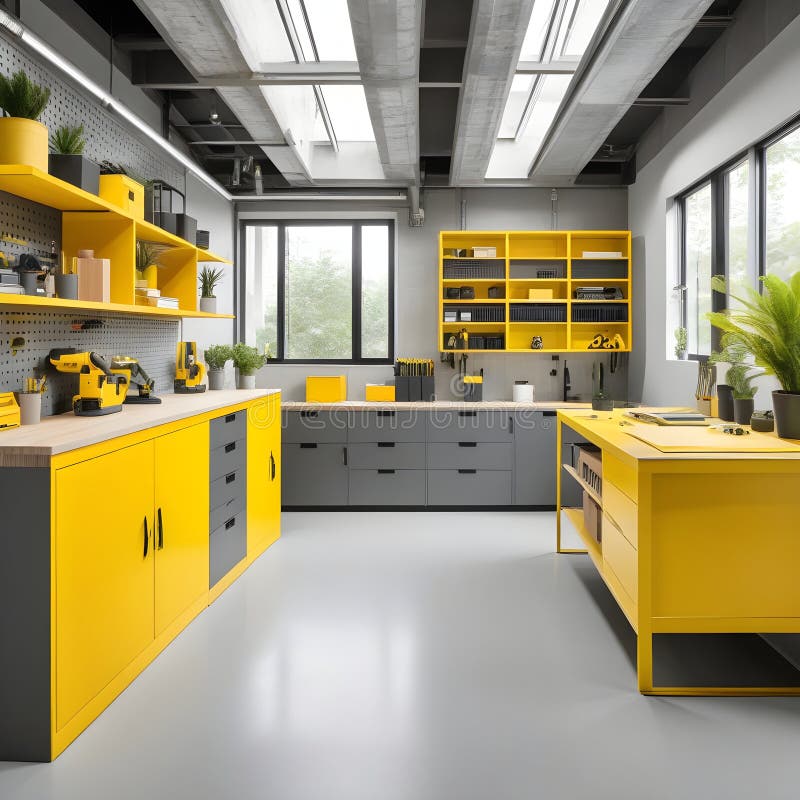 A Table and Cabinets are Arranged in a Gray Workshop with a Bright ...