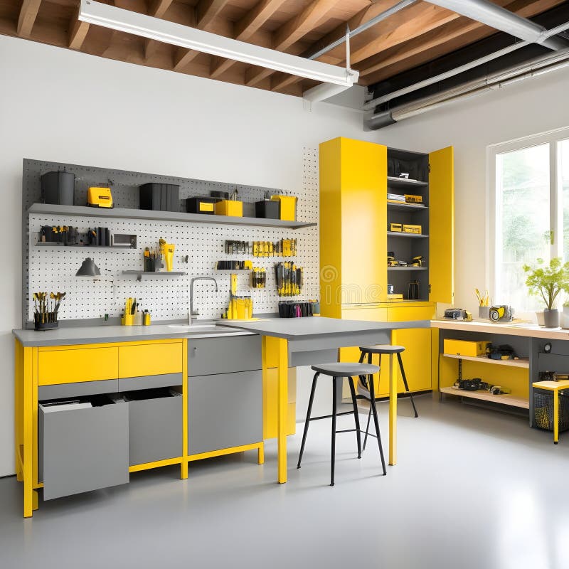 A Table and Cabinets are Arranged in a Gray Workshop with a Bright ...