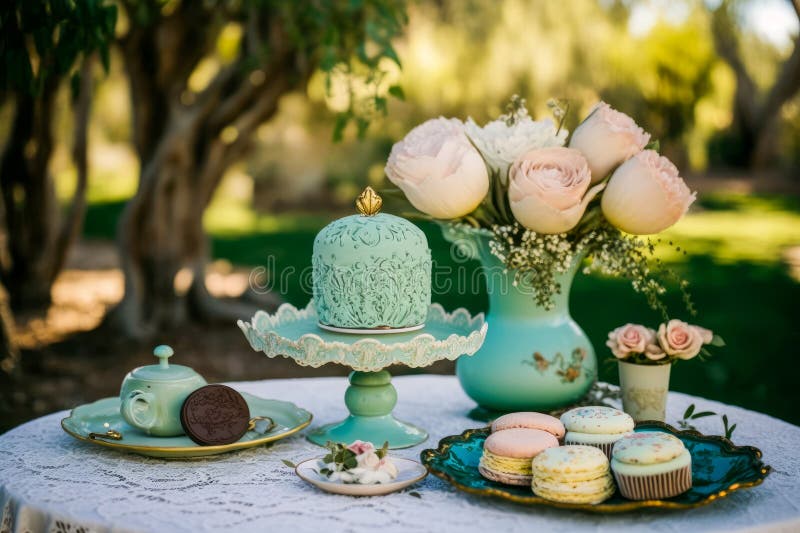 Table with Cake, Cupcakes and Macarons. Generative AI Stock ...