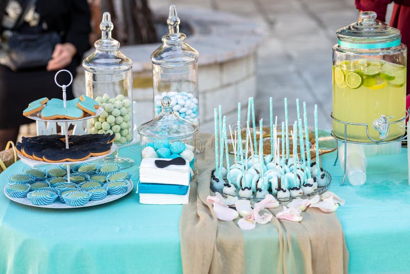 Table with Cakes for the Baptism Stock Photo - Image of confetti ...