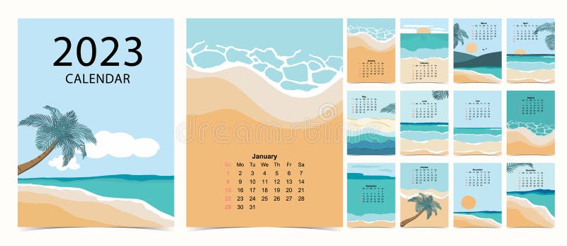2023 Table Calendar Week Start on Sunday with Beach and Sea that Use ...