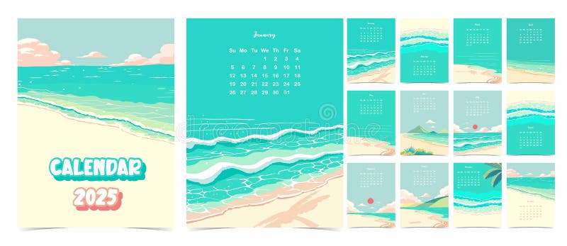 2025 Table Calendar Week Start on Sunday with Beach Stock Vector ...