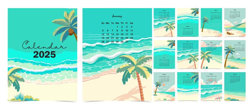 2025 Table Calendar Week Start on Sunday with Beach that Use for ...