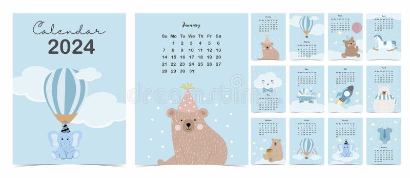 2024 Table Calendar Week Start on Sunday with Cartoon that Use for ...