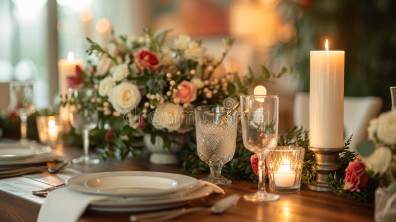A Table with a Candle and Flowers on it Next To Plates, AI Stock ...