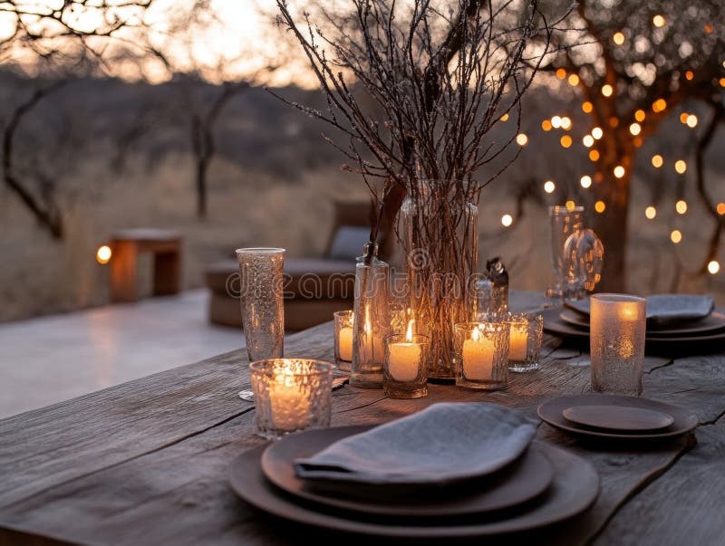 A Table with Candles and a Vase of Branches in the Bushveld Stock ...