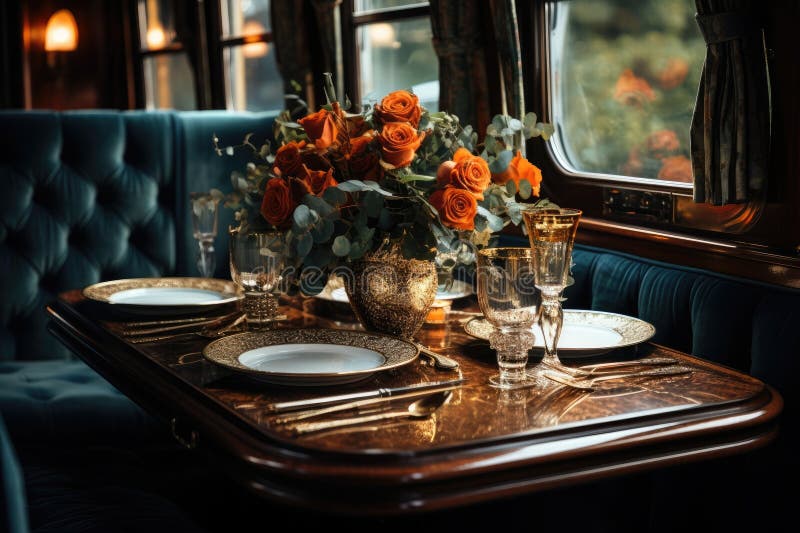 A Table, Chair and Dining Set Inside a Train in the Style of ...