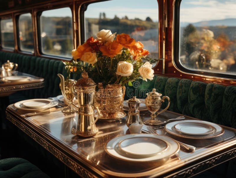 A Table, Chair and Dining Set Inside a Train in the Style of ...