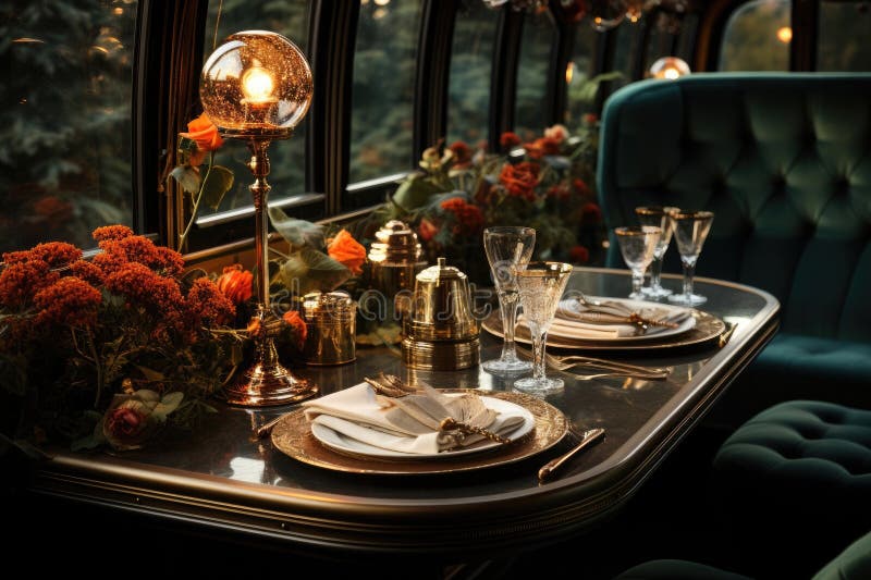 A Table, Chair and Dining Set Inside a Train in the Style of ...