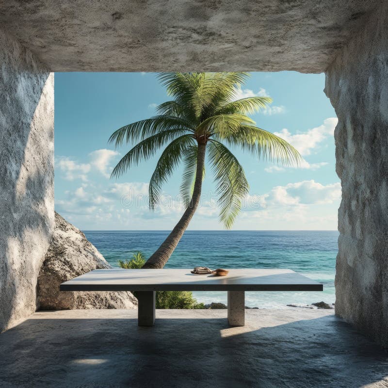 Table and Chair with Palm Tree and Sea View. 3D Rendering Stock ...