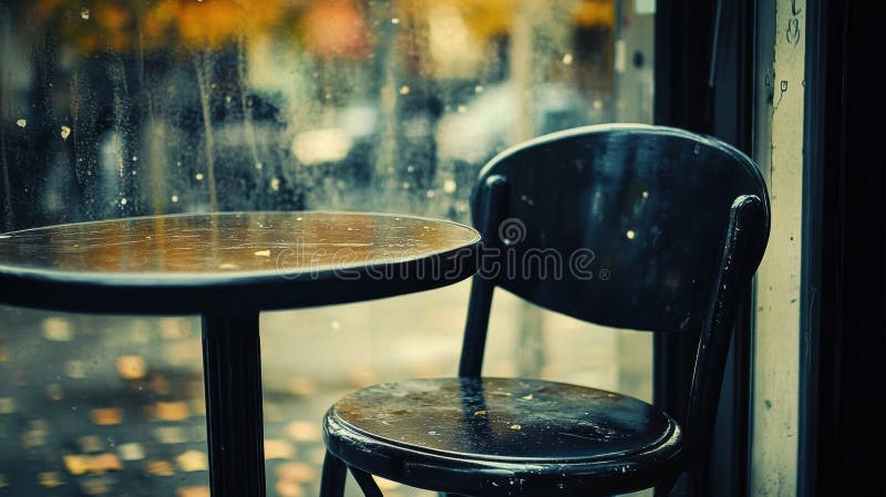 A Table and Chair in a Window with Rain Outside, AI Stock Image - Image ...