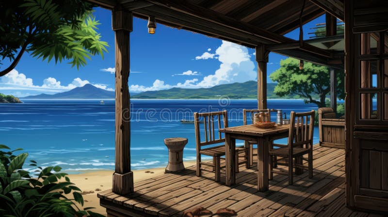 A Table and Chairs on a Deck Overlooking the Ocean. Generative AI Image ...