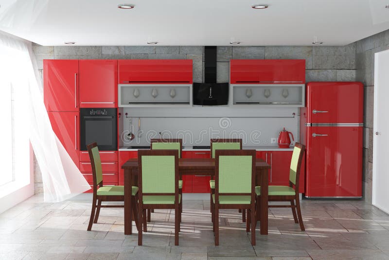 Table and Chairs in Front of Modern Red Kitchen Furniture with ...