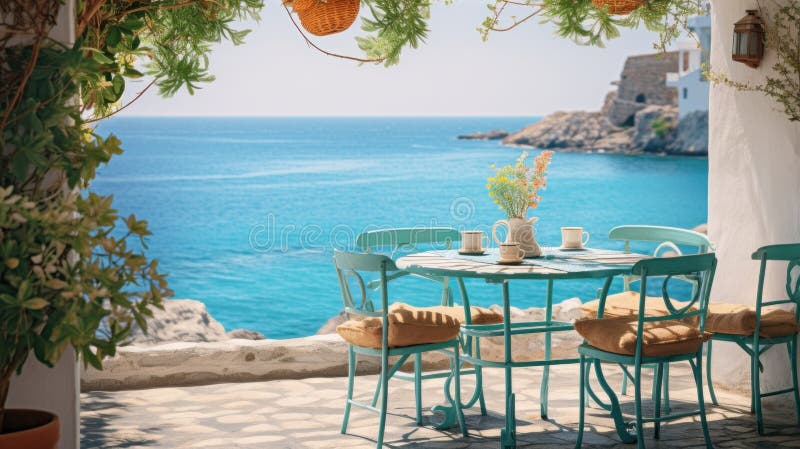 A Table and Chairs on a Patio Overlooking the Ocean, AI Stock Photo ...