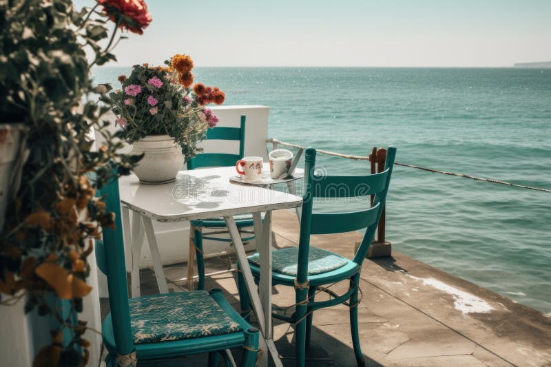 A Table and Chairs on a Pier Overlooking the Ocean. AI Generative Image ...