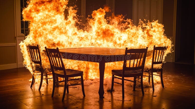 A Table and Chairs are Set on Fire in a Room Stock Photo - Image of ...