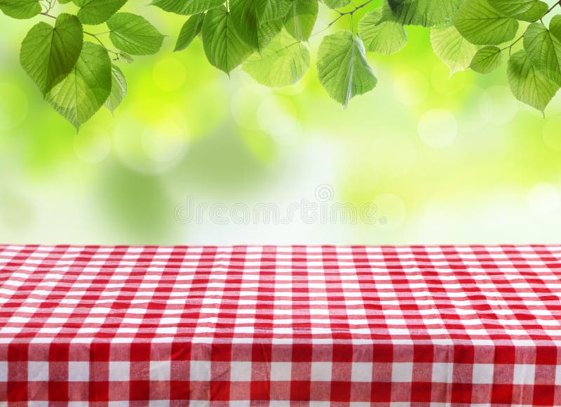 Table with Checkered Picnic Cloth Outdoors on Sunny Day. Space for ...