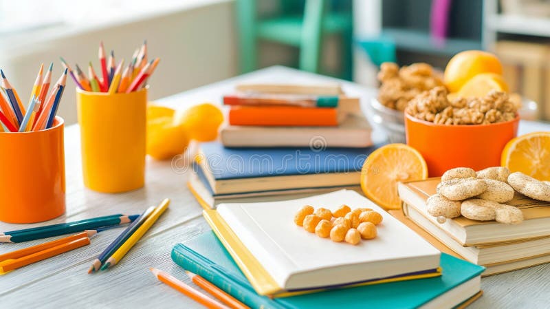 Table in Children Room, Filled with Books, Pencils, and Snacks Stock ...