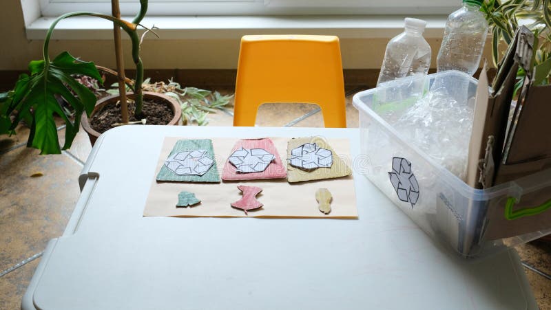 Table with Children& X27;s Homework about Garbage Sorting Stock Photo ...