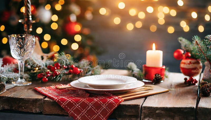 Table with a Christmas Tree and a Candle in the Background Stock ...