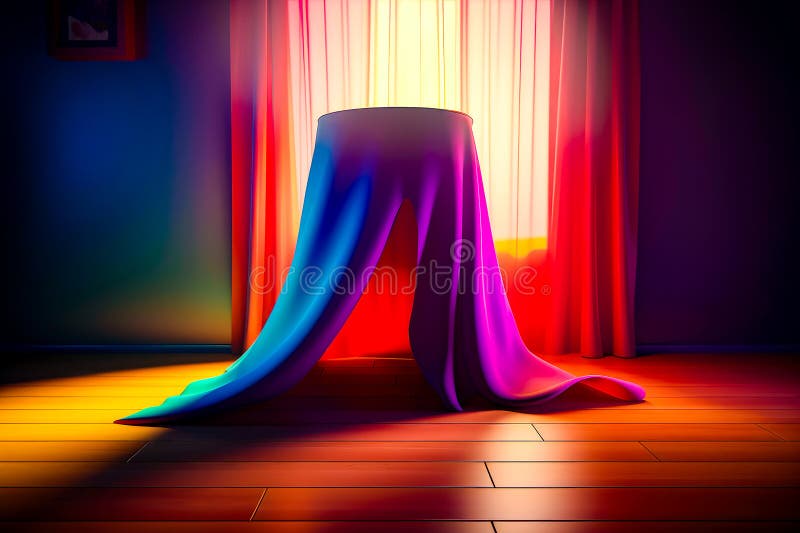 Table with Cloth Draped Over it in Front of Curtained Window ...