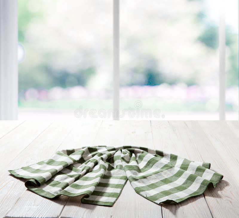 Table Cloth on Wooden Deck Table with Napkin. Kitchen Background. Stock ...