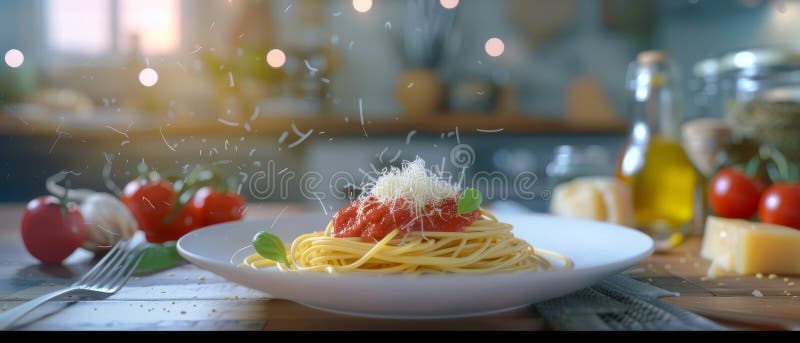 A Plate of Spaghetti with Red Sauce and Cheese is on Kitchen Table ...