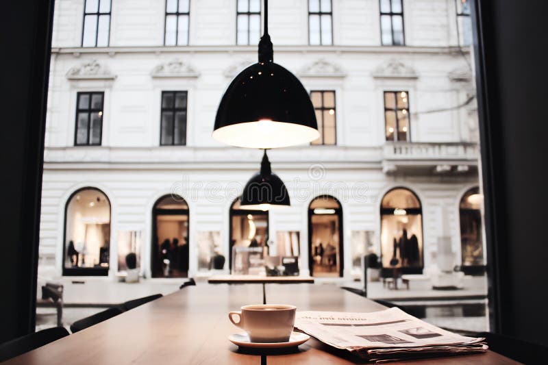 Table with Coffee, Newspaper Under Lighting Fixtures and Building ...