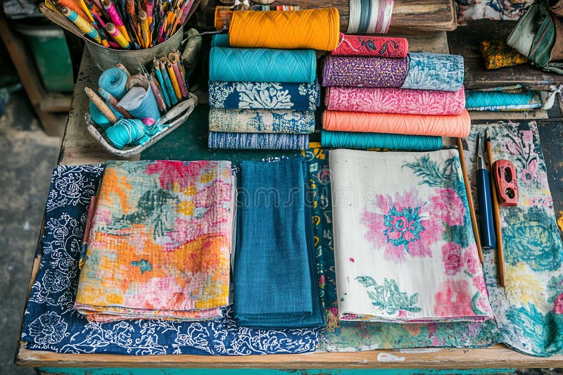 A Table with Colorful Fabric Rolls and Folded Fabric Pieces in ...