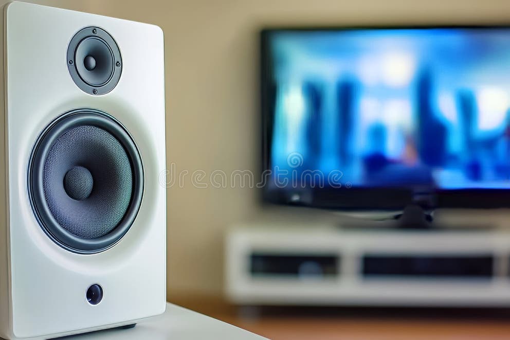 On a Table, a Compact Sound System Featuring a Sleek Design is Situated ...