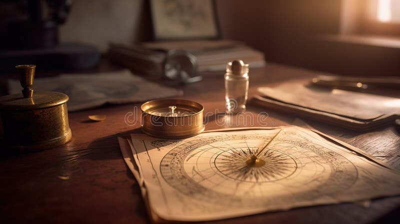A Table with a Compass, a Pen, a Compass, and a Pair of Glasses on Top ...