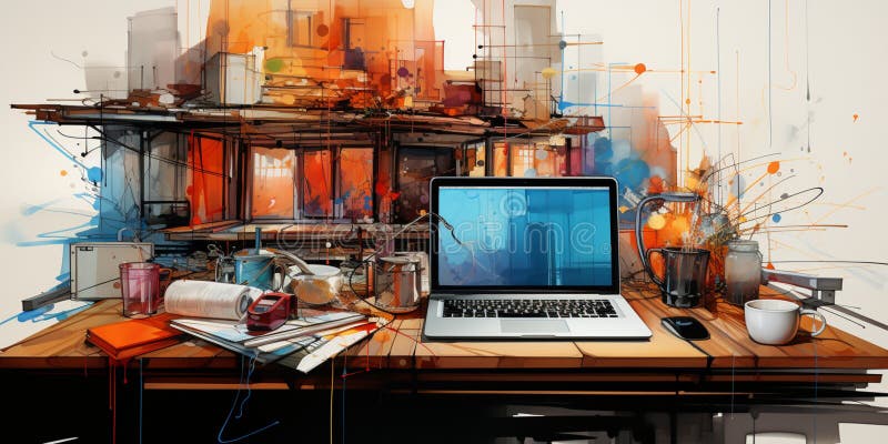 Table with a Computer on the Table. Abstract Illustration of the ...