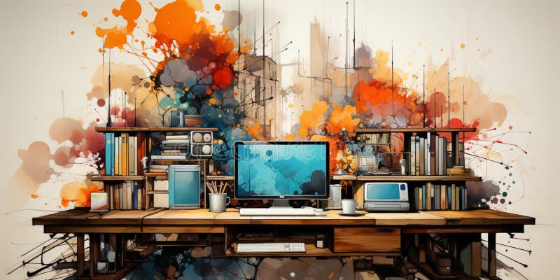 Table with a Computer on the Table. Abstract Illustration of the ...