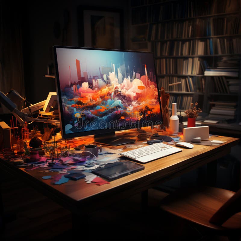 Table with a Computer on the Table. Abstract Illustration of the ...