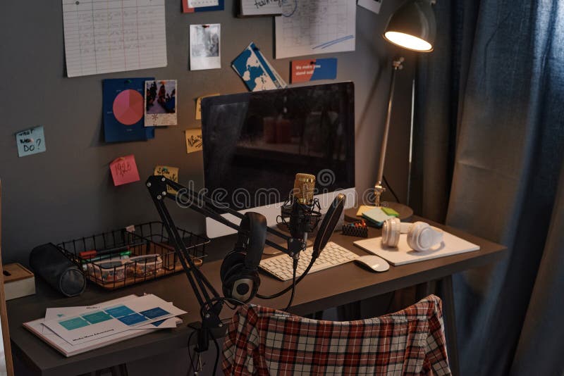 Table with Computer and Microphone for Work Stock Image - Image of lamp ...