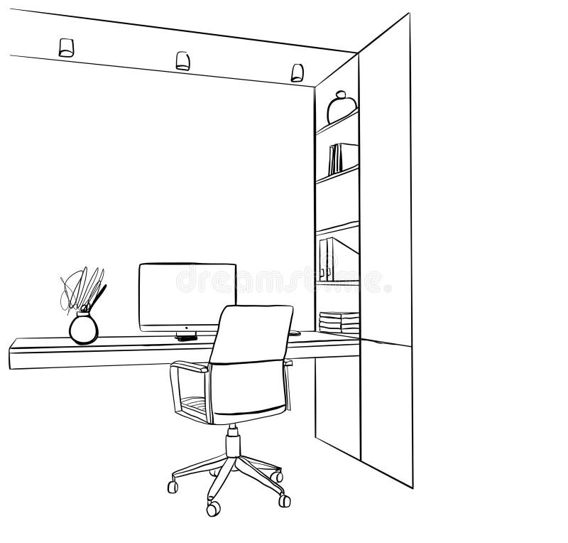 Table with a Computer or Workplace Drawn by Hand Doodle Style. Office ...