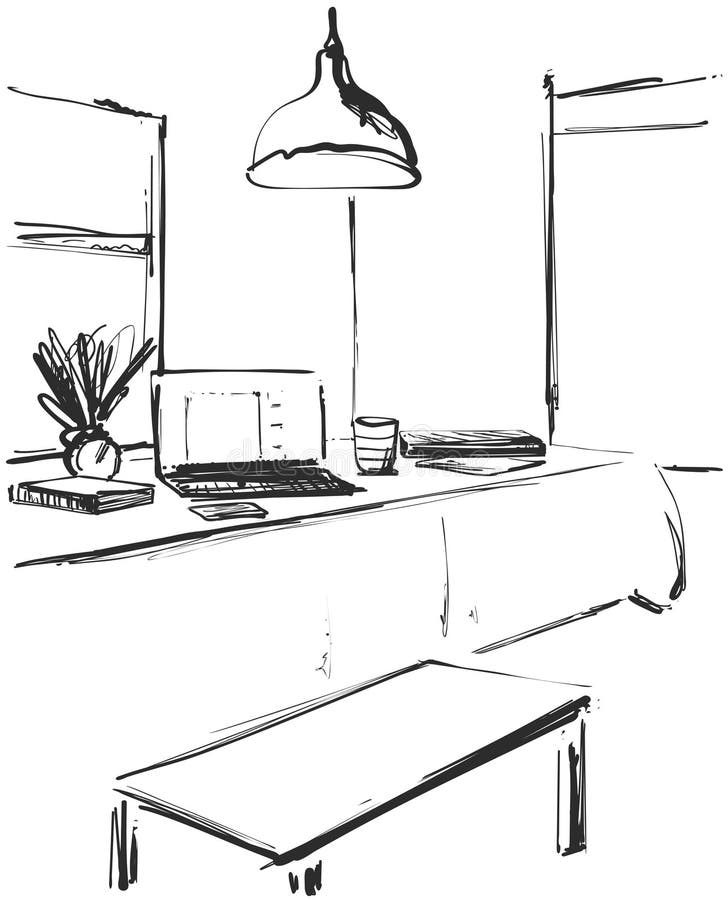 Table with a Computer or Workplace Drawn by Hand Doodle Style. Vector ...