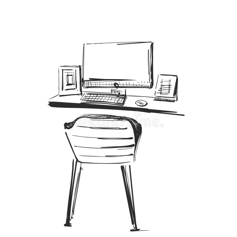 Table with a Computer or Workplace Drawn by Hand Doodle Style. Vector ...