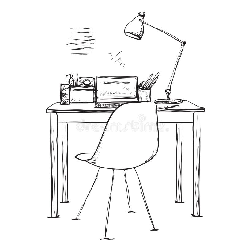 Table with a Computer or Workplace Drawn by Hand Doodle Style. Stock ...
