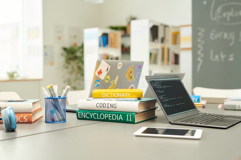 Table with Computers in School Stock Photo - Image of online, education ...