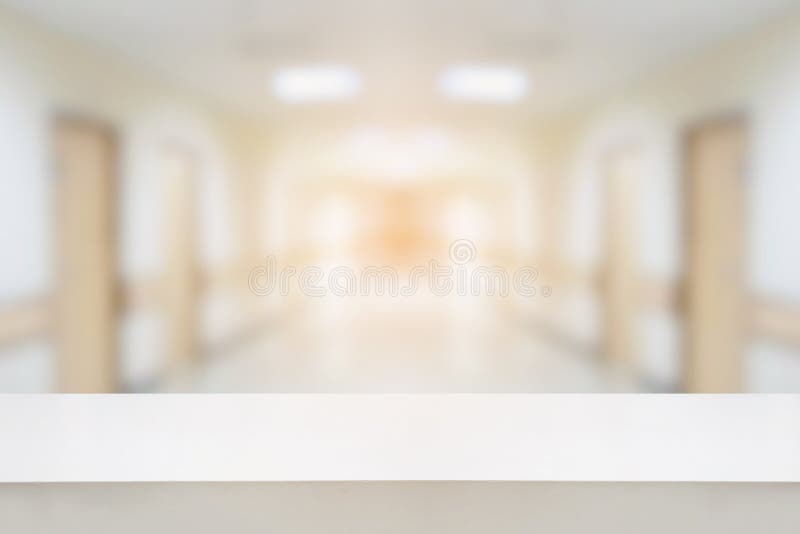 Table Counter with Hospital Interior Corridor Background Stock Photo ...