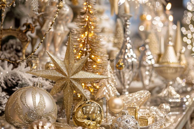 A Table Covered with an Abundance of Shiny Gold and Silver Decorations ...