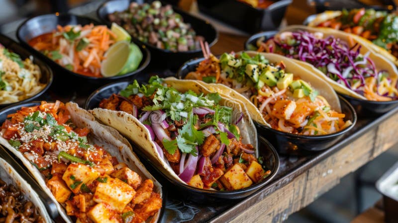 Table Covered with Assorted Tacos and Salads. Stock Photo - Image of ...