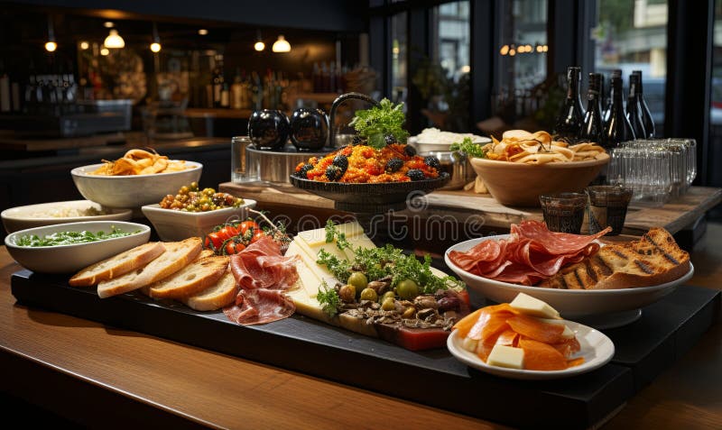 Varied Food Spread on Table Stock Image - Image of appetizers, dishes ...