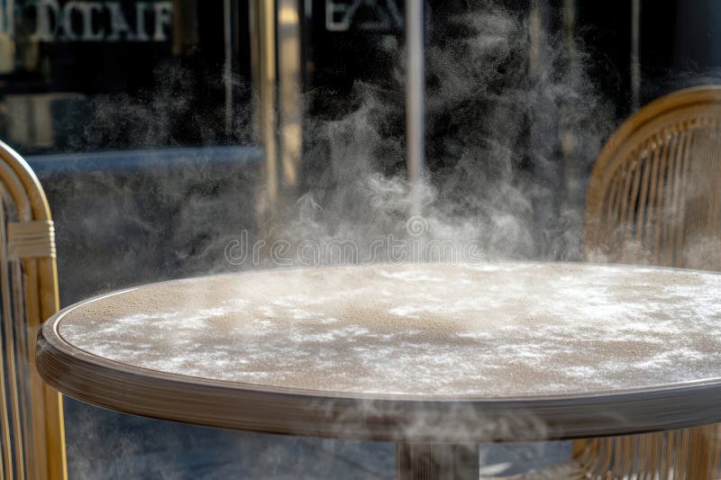 Table Covered in Fine Dust Particles, with Steam Rising in Air ...