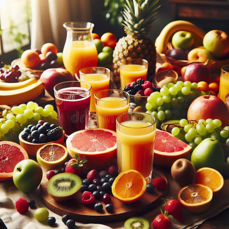 A Table Covered with Glasses of Juice and Assorted Fresh Fruit Stock ...