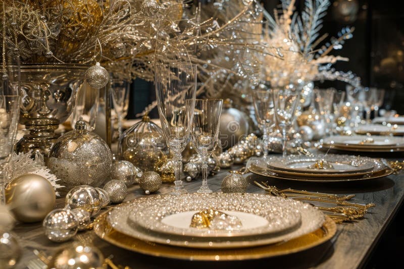 A Table Covered in Numerous Silver and Gold Plates, Opulent Decorations ...