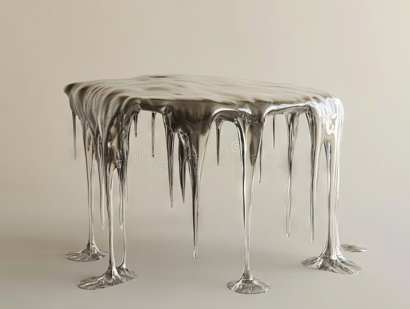 A Table Covered in Silver Paint Dripping Down from the Top of it Stock ...