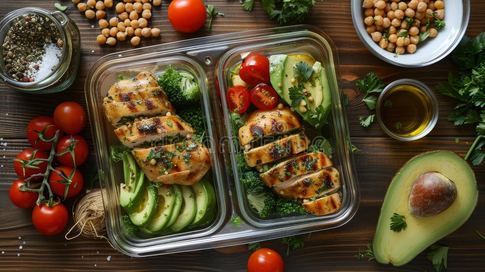 A Table is Covered with Various Containers Holding Food and Vegetables ...