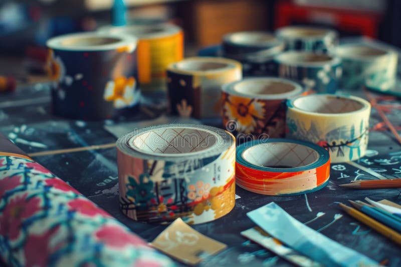 A Table Covered in Various Types of Tapes Stock Image - Image of craft ...